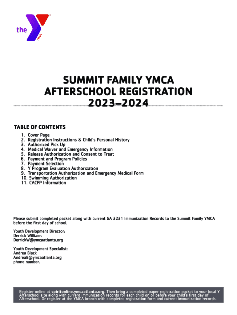 Fillable Online SUMMIT FAMILY YMCA AFTERSCHOOL REGISTRATION ... Fax ...