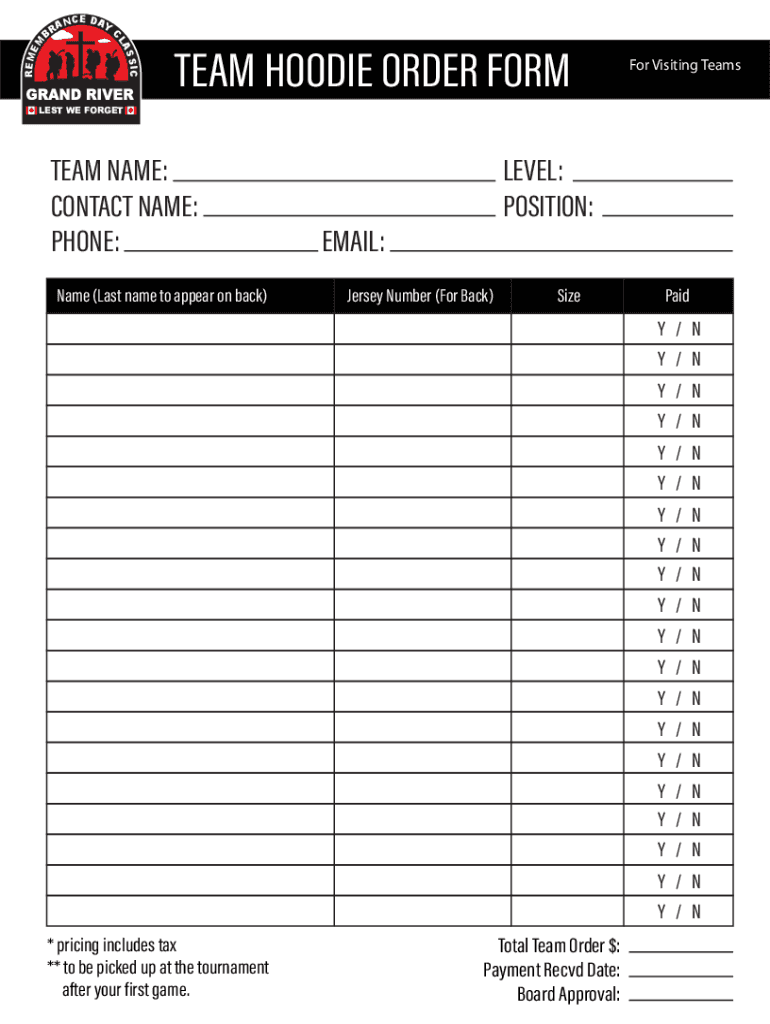Fillable Online Visiting Team Hoodie Order Forms TOURNAMENT Fax Email Print - pdfFiller
