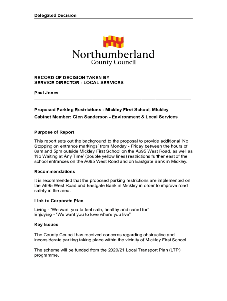 Fillable Online Proposed Parking Restrictions - Mickley First School ...
