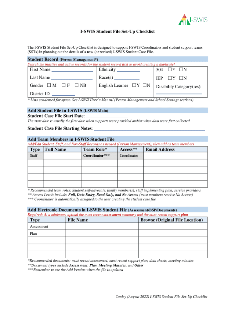Fillable Online I-SWIS Student File Set-Up Checklist First Name Fax Email Print - pdfFiller