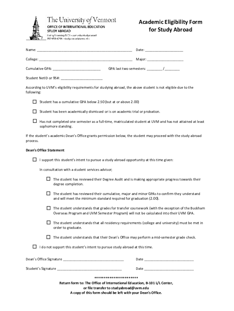 Fillable Online STUDY ABROAD ACADEMIC ELIGIBILITY FORM Fax Email Print - pdfFiller