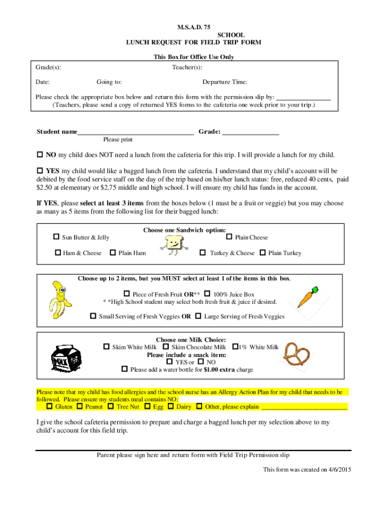 Fillable Online district version lunch request form.docx Fax Email ...