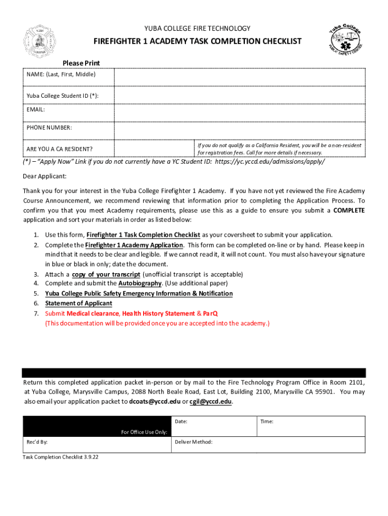 Fillable Online yc yccd yuba college fire technology - firefighter 1 ...
