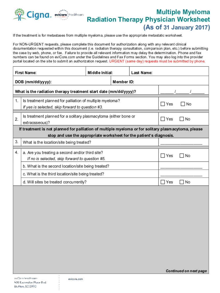 Fillable Online Multiple Myeloma Radiation Therapy Physician Worksheet ...