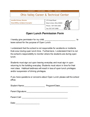 Fillable Online Open Lunch Period Permission Slip and Indemnification ...
