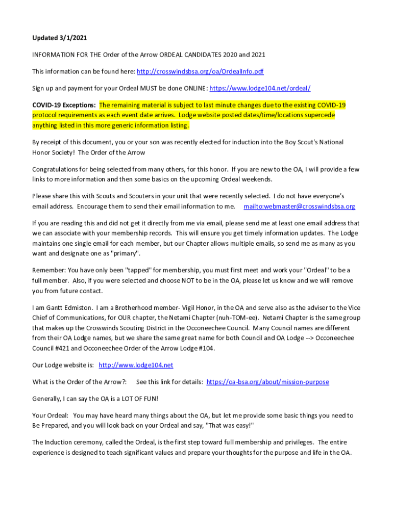 Fillable Online INFORMATION FOR THE Order of the Arrow ORDEAL ...