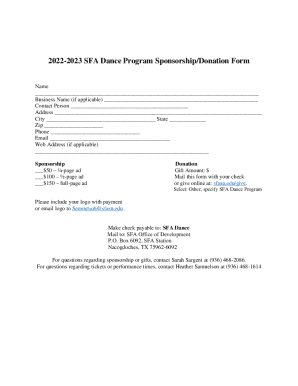 Fillable Online 2022-2023 SFA Dance Program Sponsorship/Donation Form ...