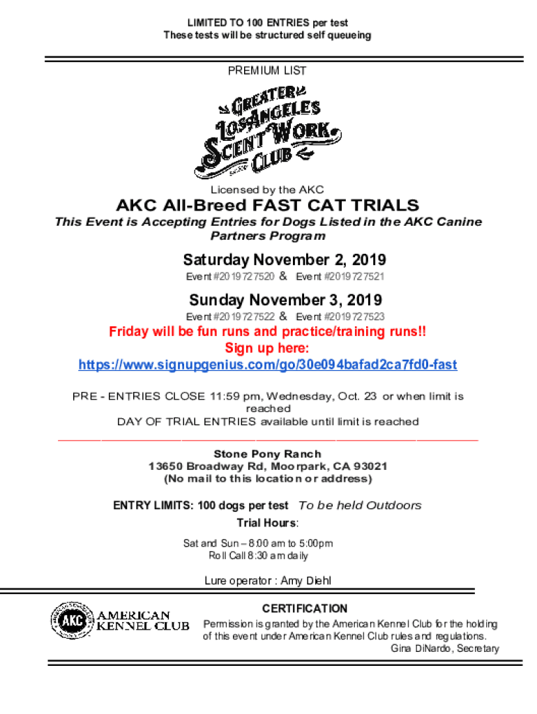 Fillable Online AKC All-Breed FAST CAT TRIALS Saturday November 2 ...