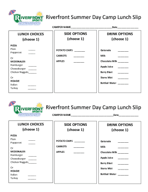 Fillable Online Riverfront Summer Day Camp Lunch Slip Fax Email Print ...