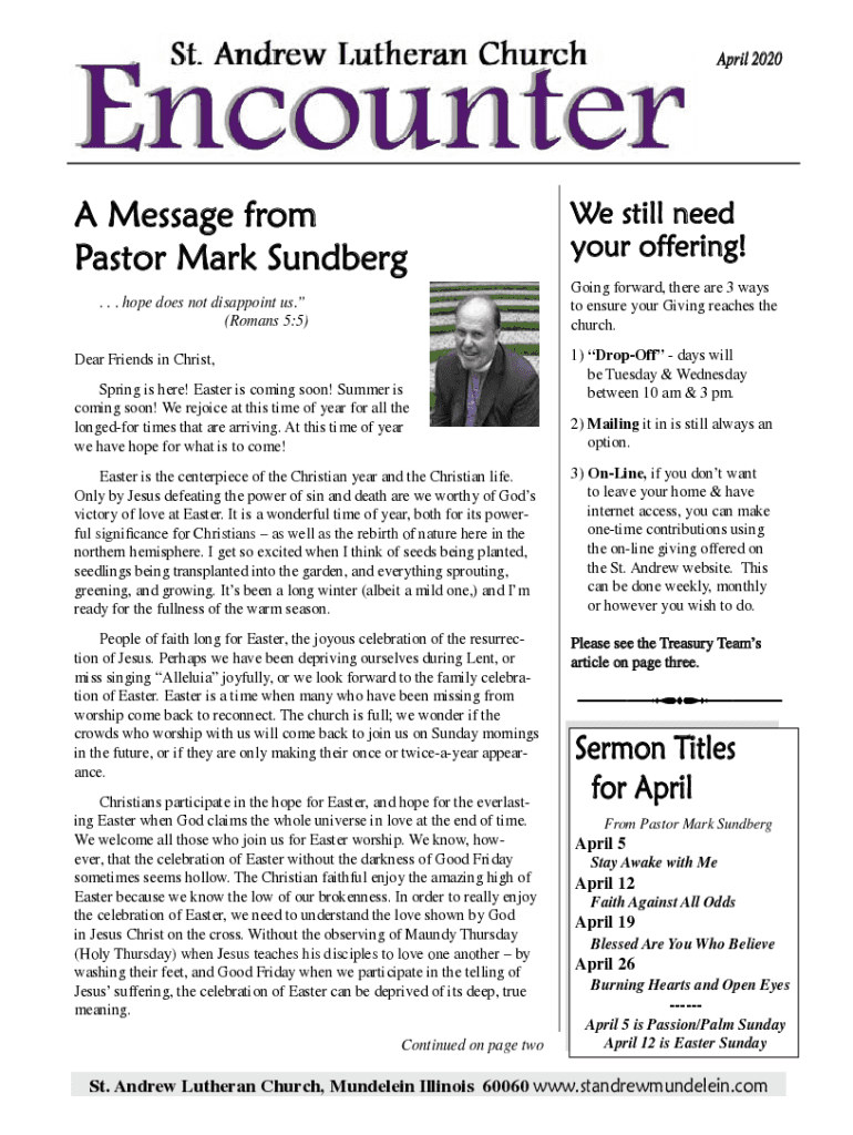 Fillable Online A Message from Pastor Mark Sundberg - St. Andrew ...