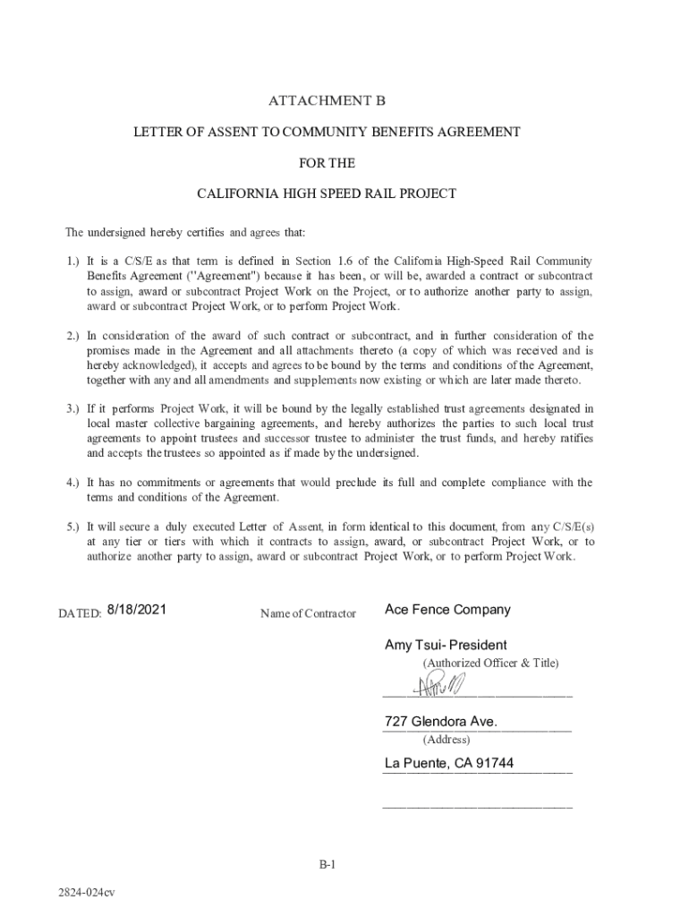 Fillable Online Letter of Assent to Community Benefits Agreement for the ... Fax Email Print ...