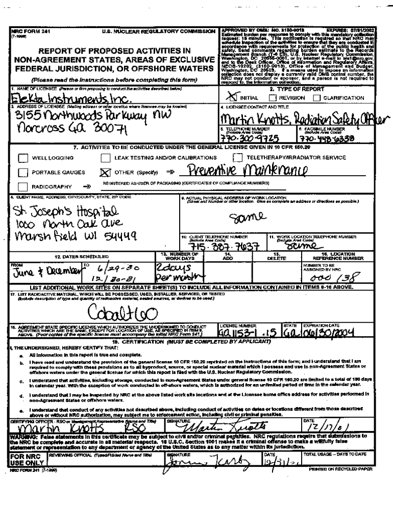 Fillable Online NRC Form 241, Report of Proposed Activities in Non ...