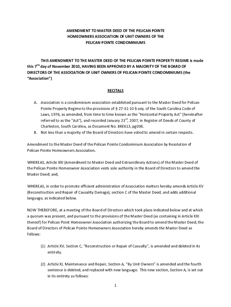 Fillable Online amendment to master deed of the pelican pointe Fax ...