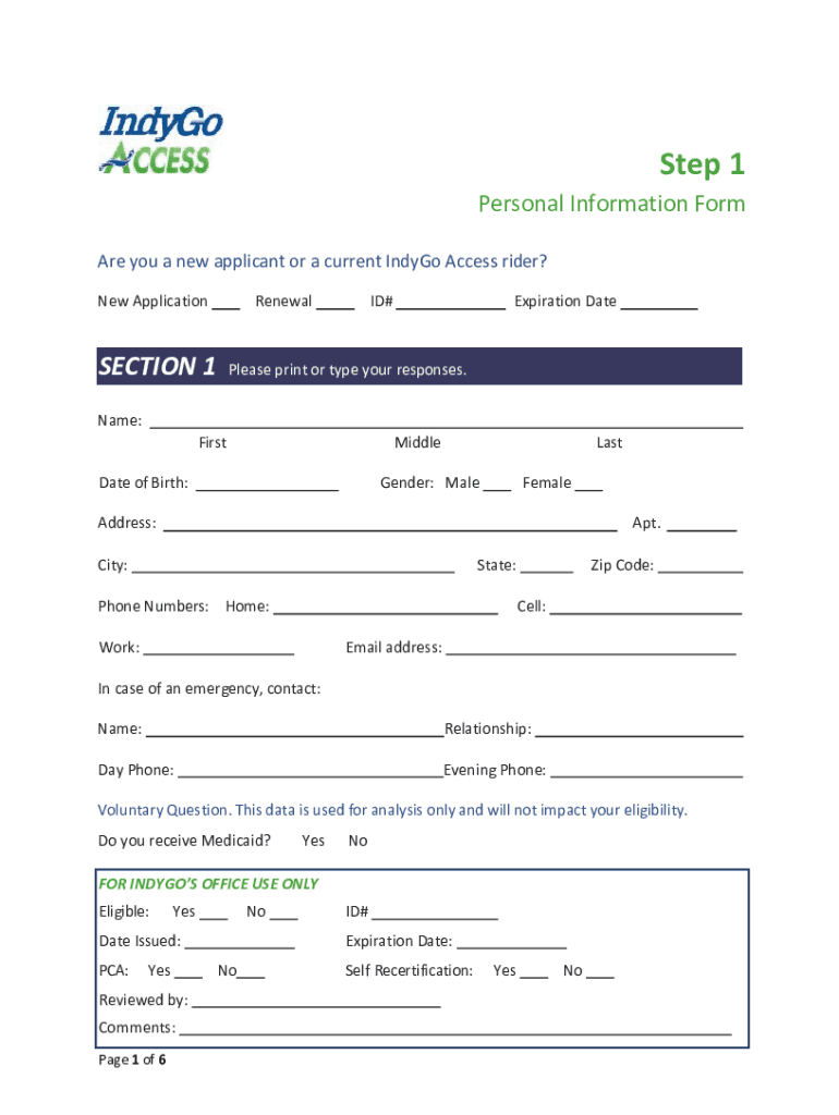 Fillable Online IndyGo Access - Personal Information Form Fax Email ...