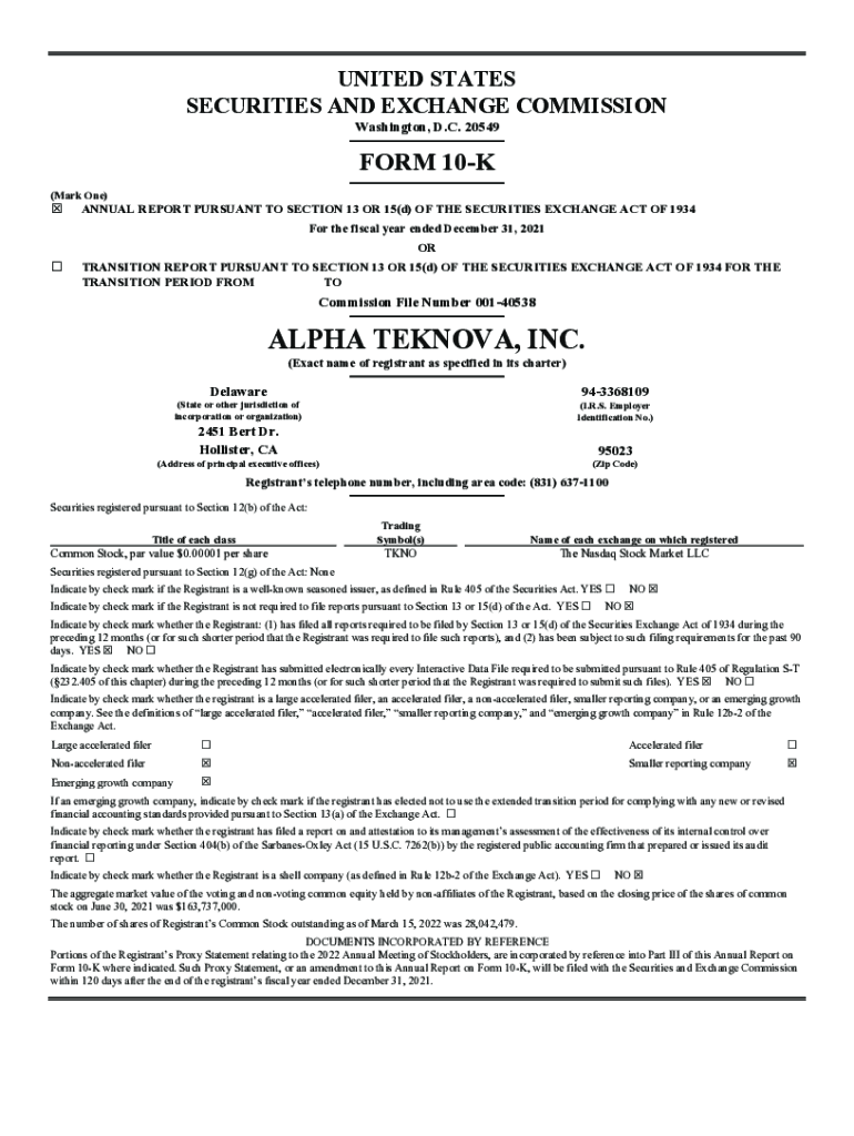 Fillable Online ALPHA TEKNOVA, INC.10K2022V1 Fax Email Print - pdfFiller