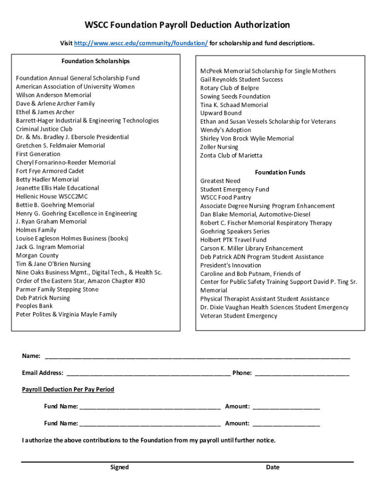 Fillable Online WSCC Foundation Payroll Deduction Authorization Fax ...