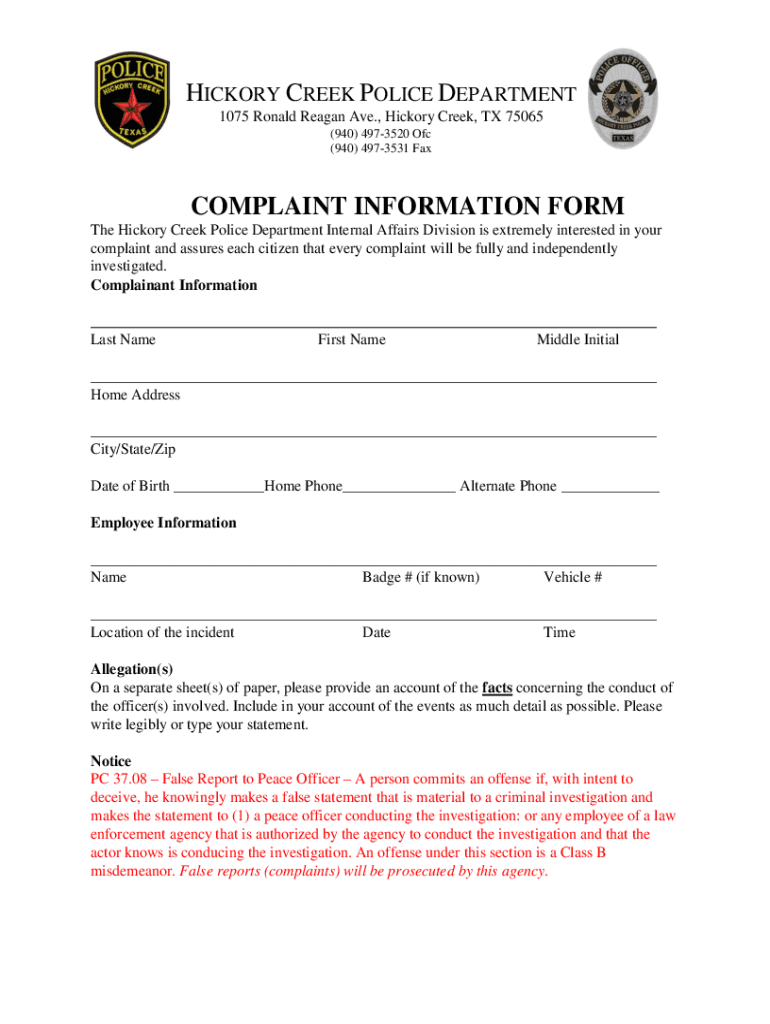 Fillable Online Hickory Creek Police Department - 33 Crime and Safety ...