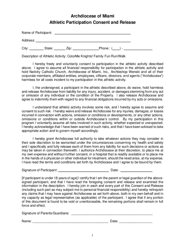 Fillable Online Athletic Consent and Release from Liability Certificate ...