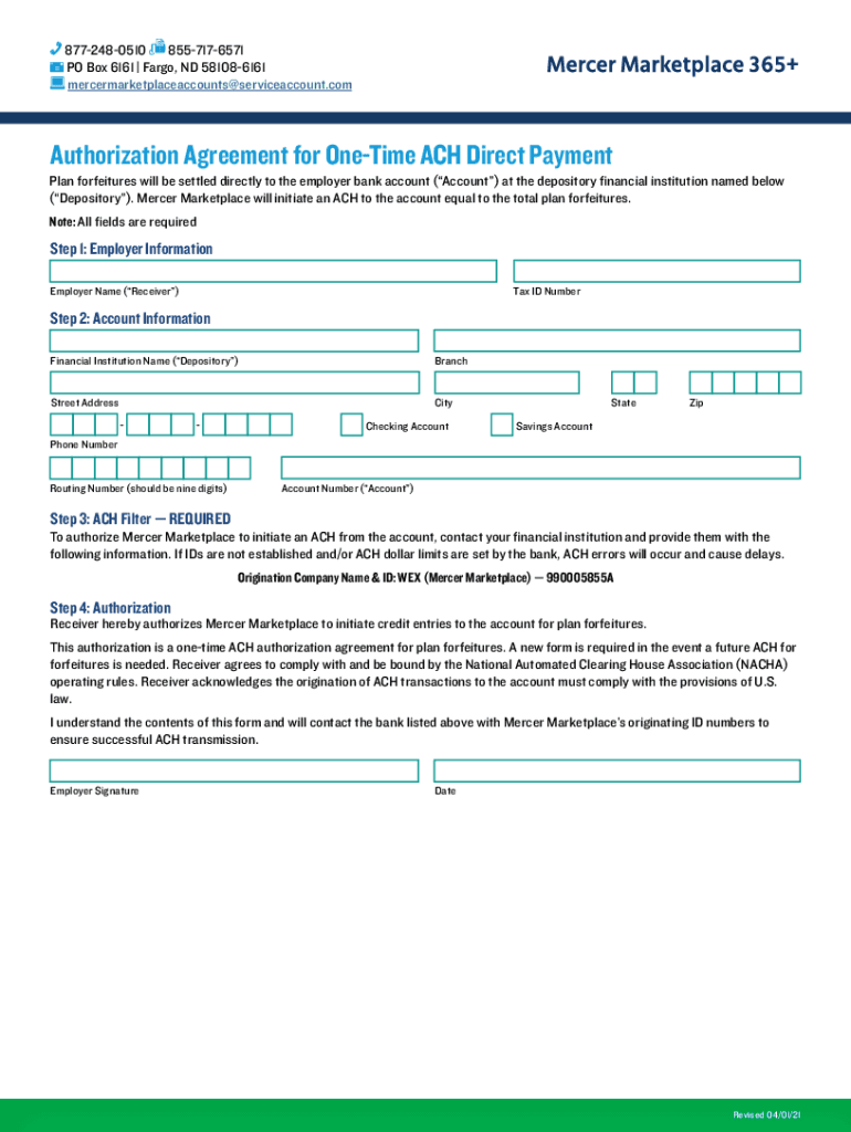 Fillable Online Authorization Agreement for One-Time ACH Direct Payment ...