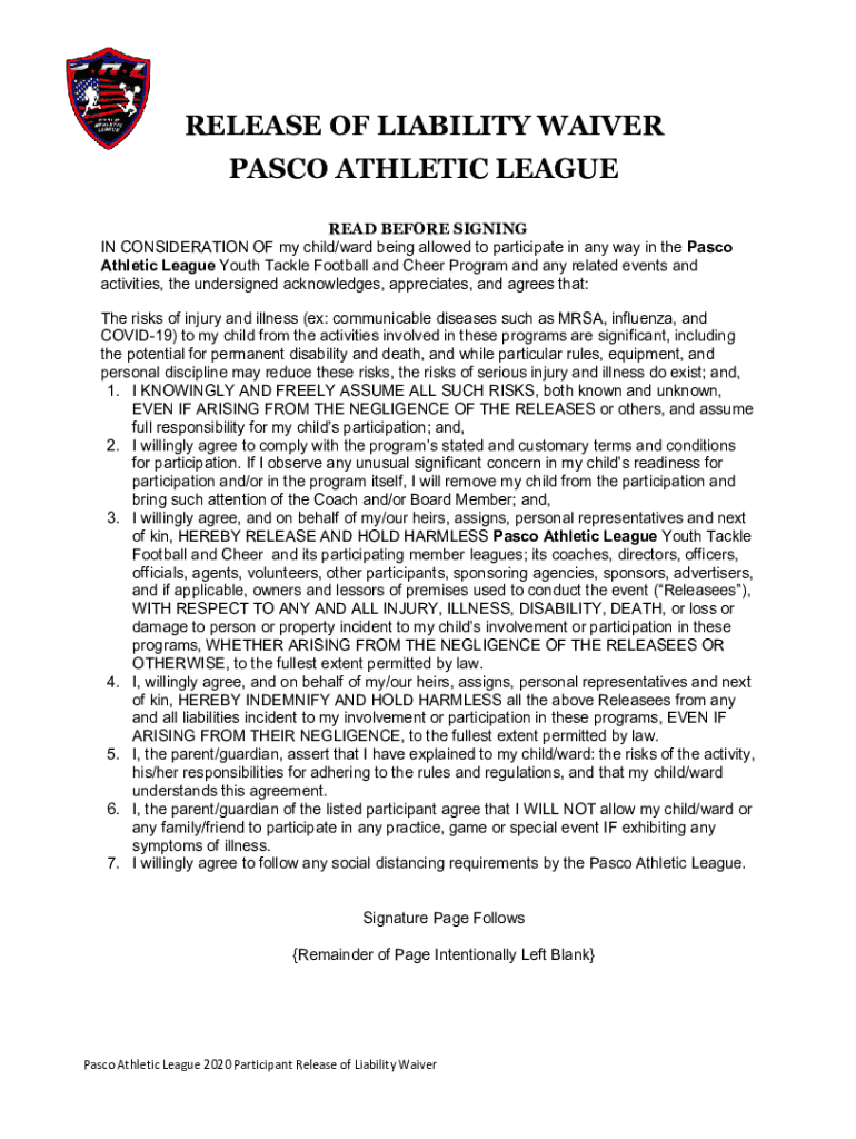 Fillable Online RELEASE OF LIABILITY WAIVER PASCO ATHLETIC LEAGUE Fax ...