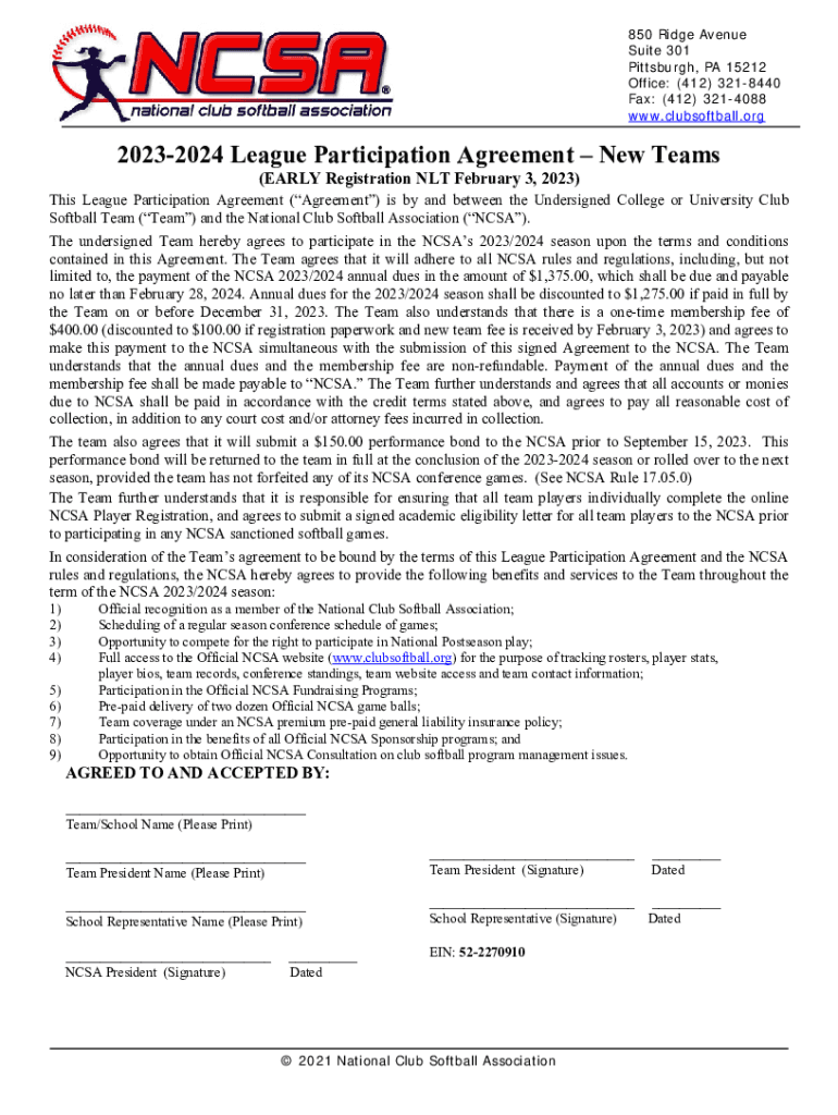 Fillable Online 2023-2024 League Participation Agreement New Teams Fax ...