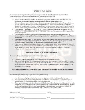 Fillable Online RETURN TO PLAY WAIVER ACKNOWLEDGEMENT BY ... Fax Email ...