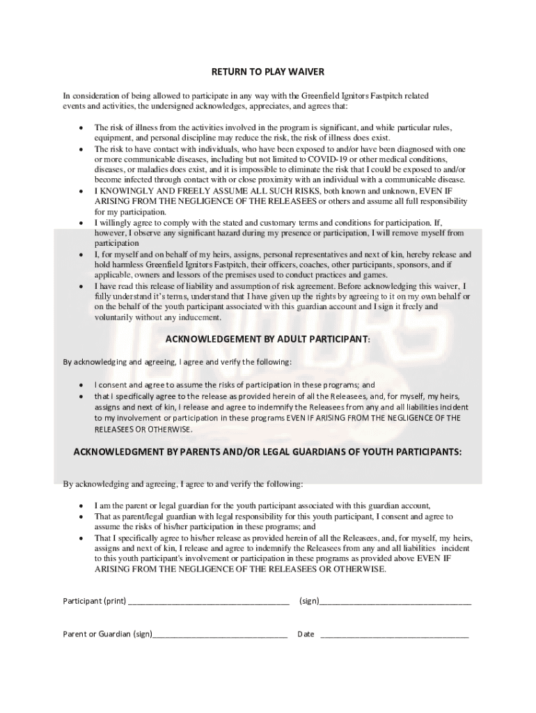 Fillable Online RETURN TO PLAY WAIVER ACKNOWLEDGEMENT BY ... Fax Email ...