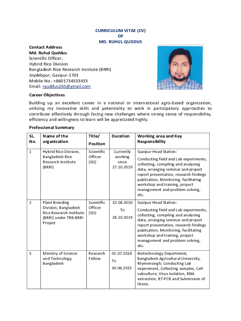Fillable Online brri portal gov curriculum vitae (cv) of md. ruhul quddus - portal.gov. Fax ...