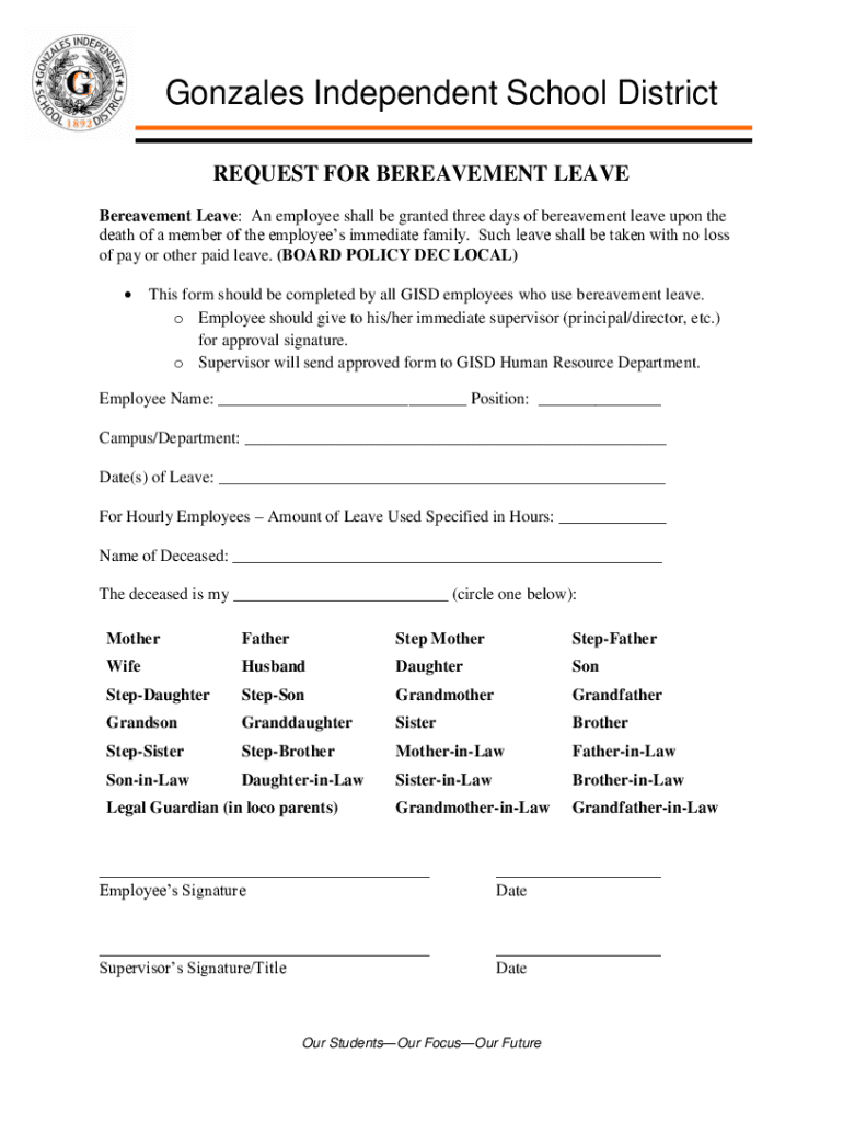 Fillable Online request for bereavement leave Fax Email Print - pdfFiller