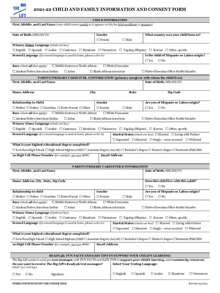 Fillable Online 2021-22 CHILD AND FAMILY INFORMATION AND CONSENT ...