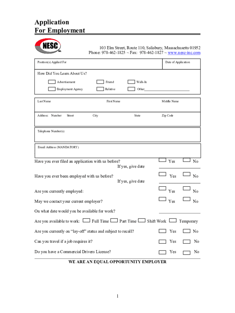 Fillable Online Application For Employment - NESC, Inc. Fax Email Print ...