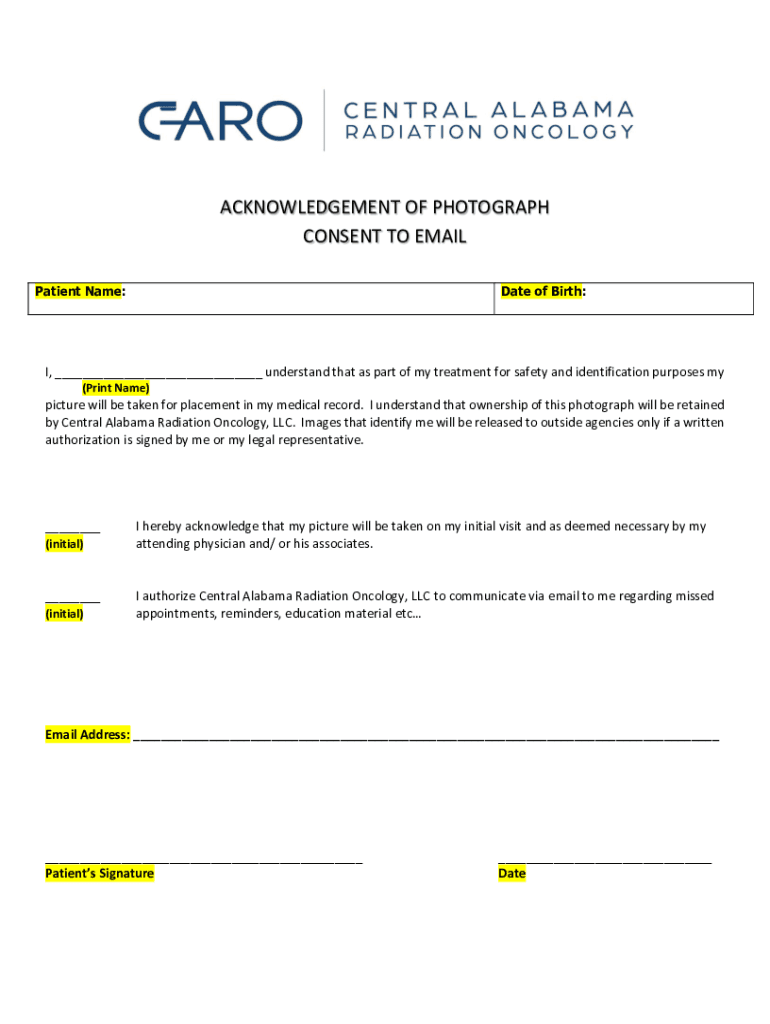 Fillable Online ACKNOWLEDGEMENT OF PHOTOGRAPH CONSENT TO ... Fax Email ...