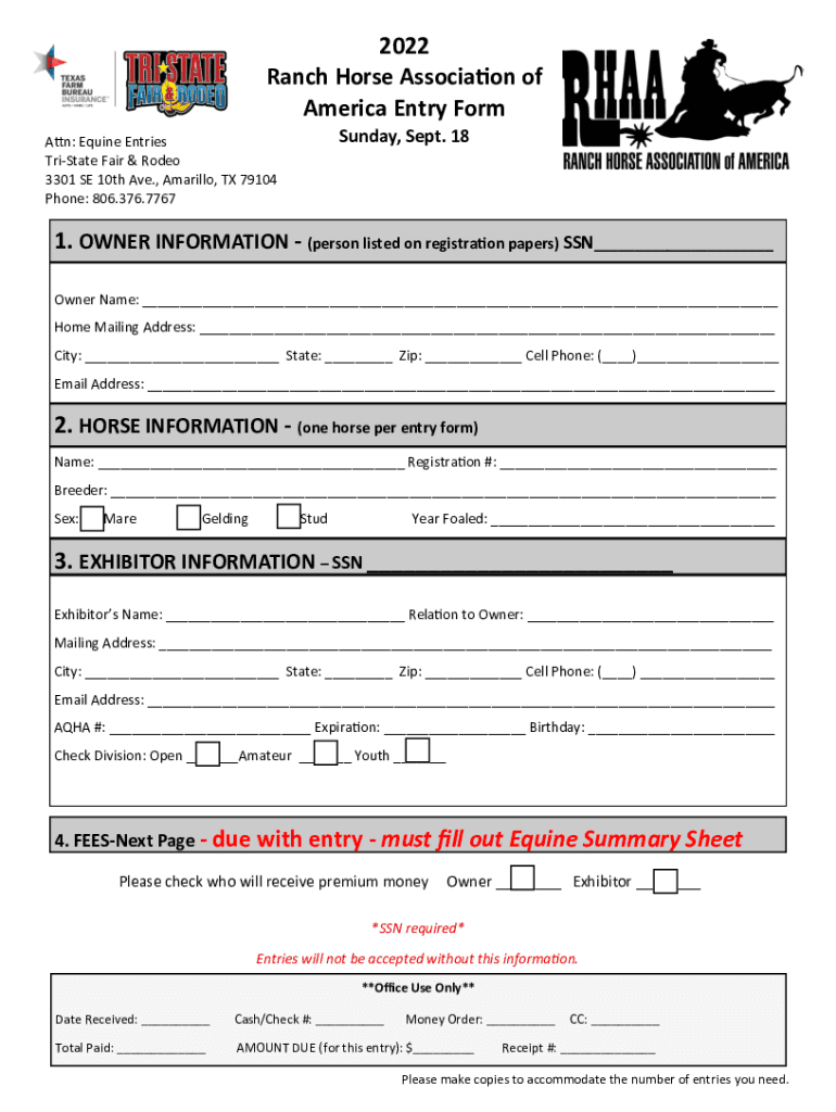 Fillable Online 2022 Ranch Horse Association of America Entry Form Fax ...
