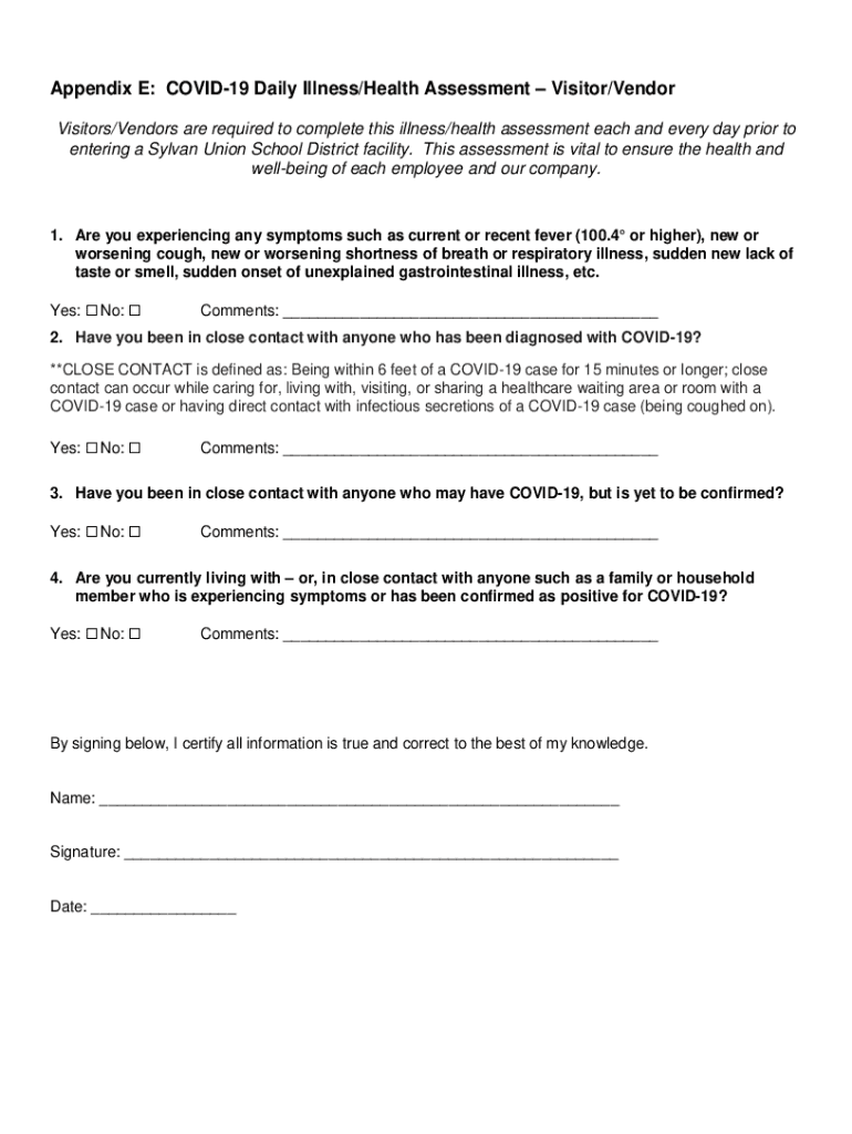 Fillable Online Appendix E: COVID-19 Daily Illness/Health Assessment ...