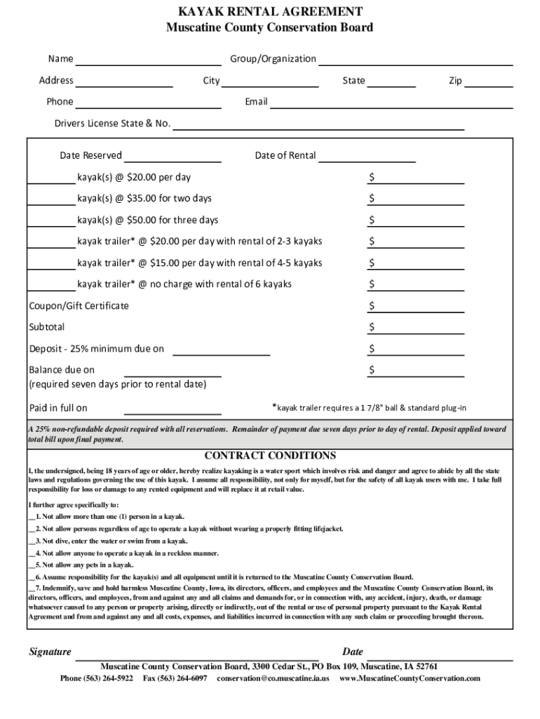 Fillable Online KAYAK RENTAL AGREEMENT Muscatine County ... Fax Email ...