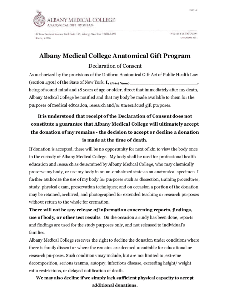 Fillable Online Albany Medical College Anatomical Gift Program Fax ...