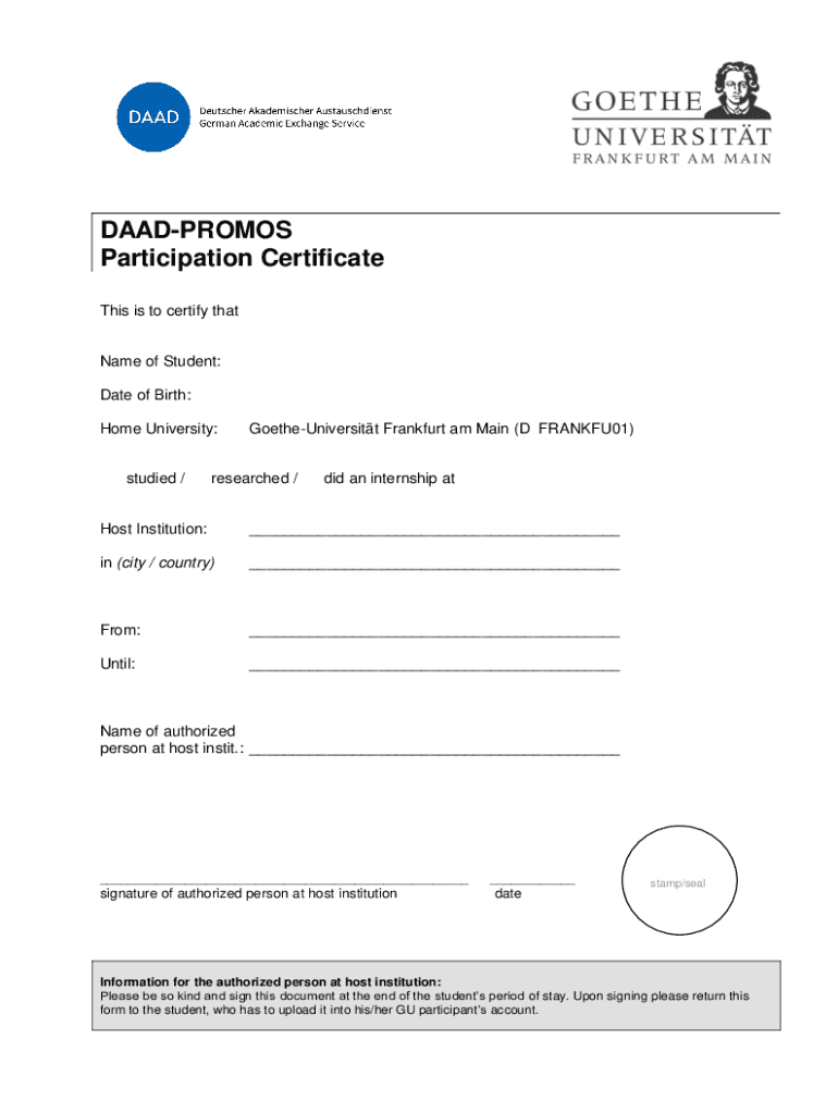 Fillable Online DAAD-PROMOS Participation Certificate - Goethe-Universit t Fax Email Print ...