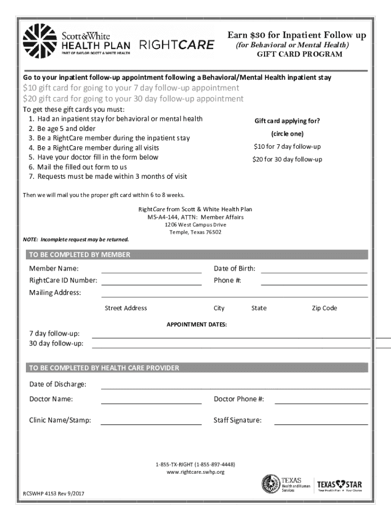 Fillable Online RCSWHP 4153 BH Inpatient Follow-up Gift Card Voucher ...