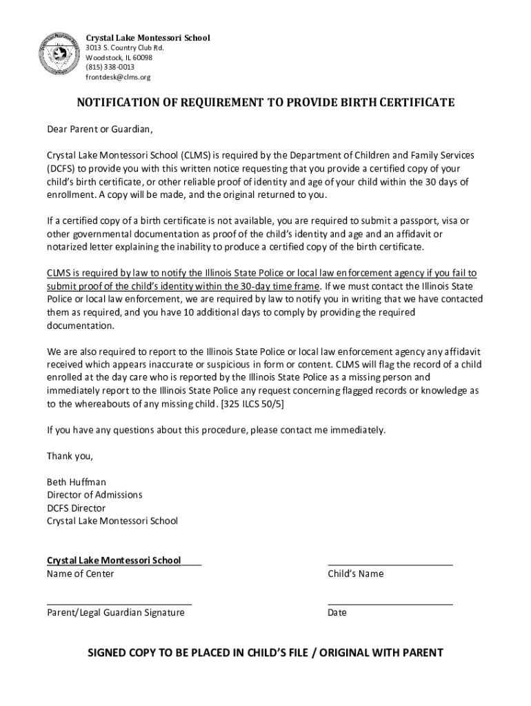 Fillable Online notification of requirement to provide birth ...