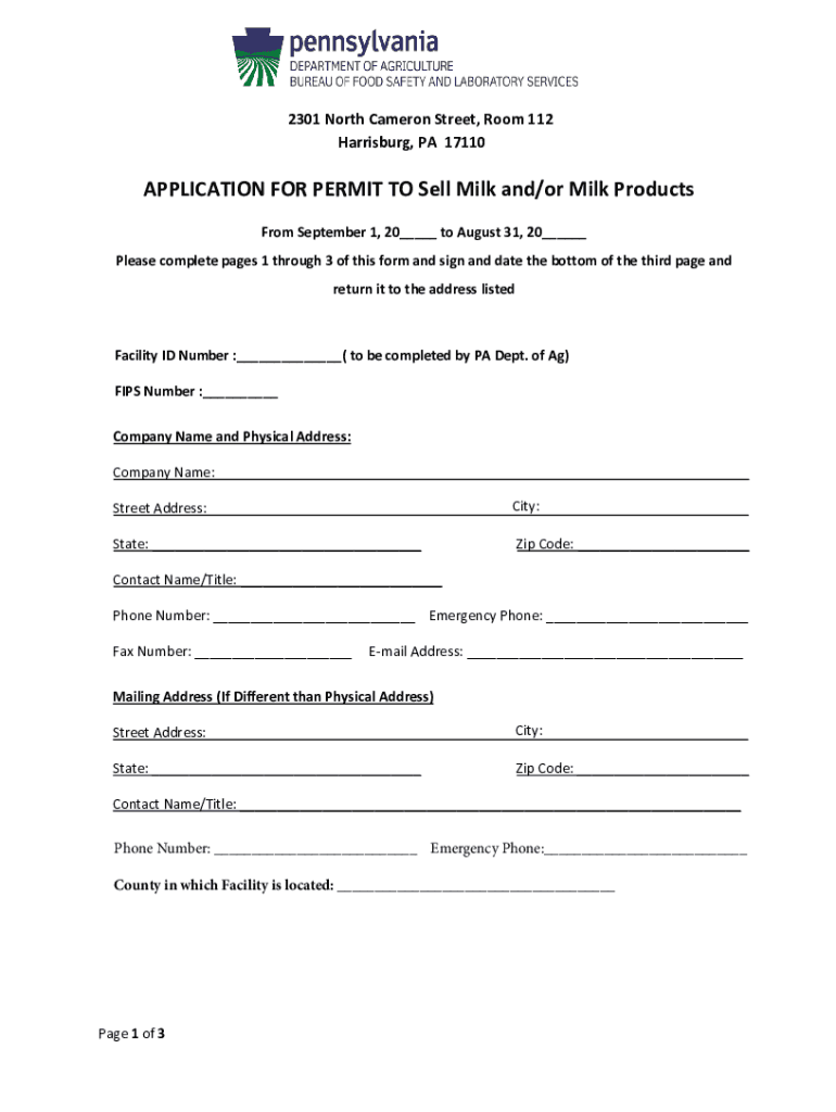 Fillable Online Application for Permit to Sell Milk and/or Milk ...