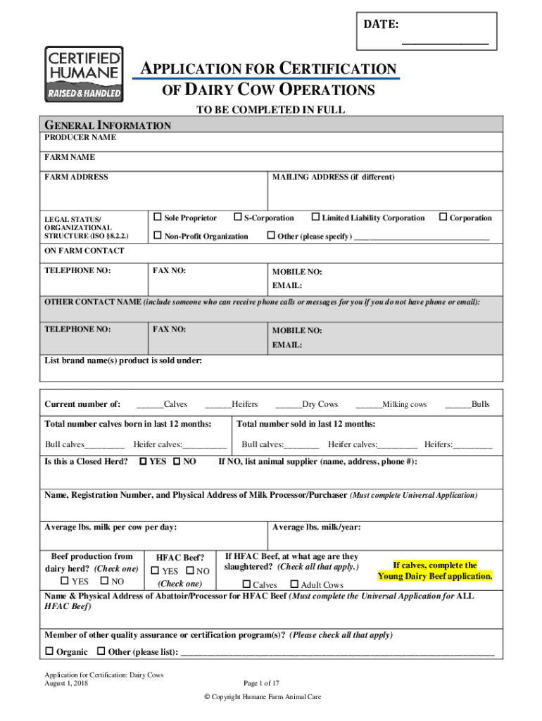 Fillable Online APPLICATION FOR CERTIFICATION OF DAIRY COW ... Fax ...