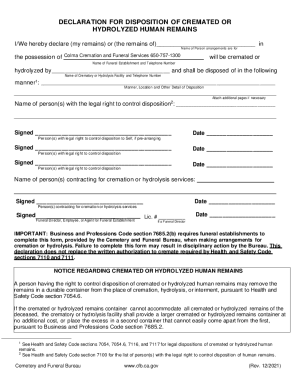 Fillable Online Cemetery And Funeral Bureau - Declaration For ...