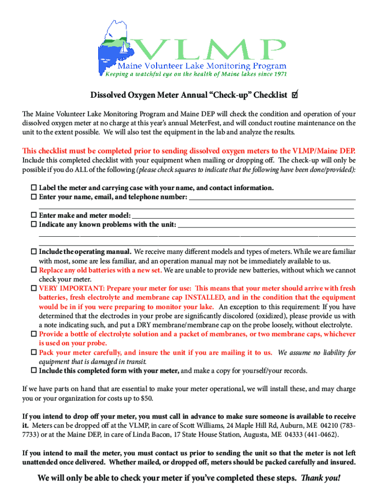 Fillable Online Dissolved Oxygen Meter Annual Check-up Checklist Fax ...