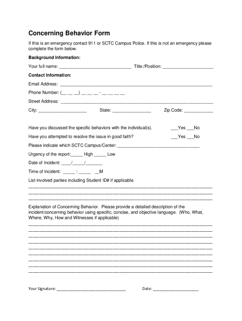 Fillable Online Concerning Behavior Form Fax Email Print - pdfFiller