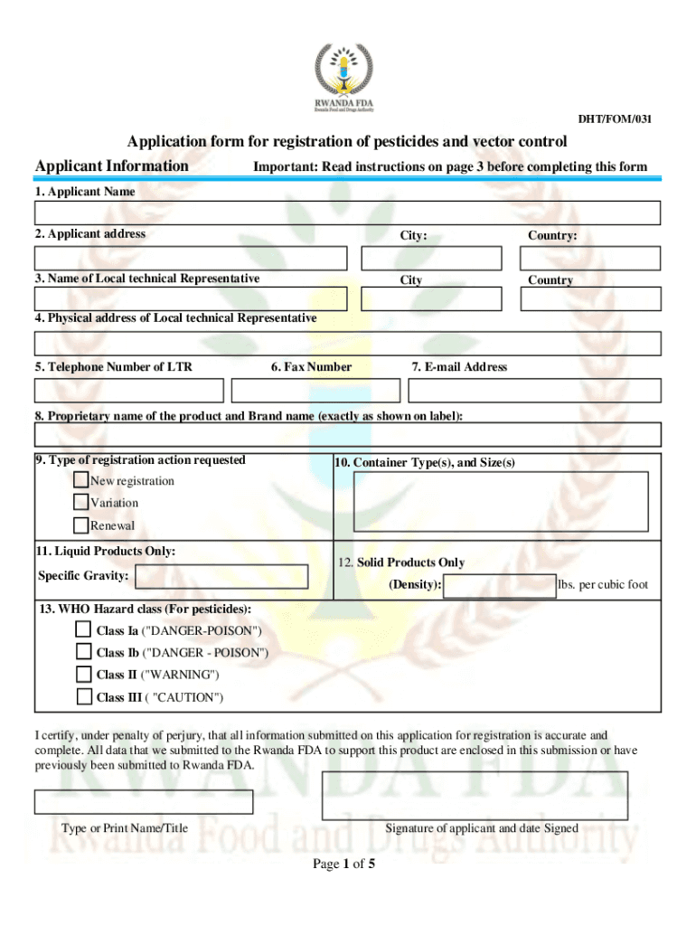 Fillable Online Application form for registration of pesticides and ...