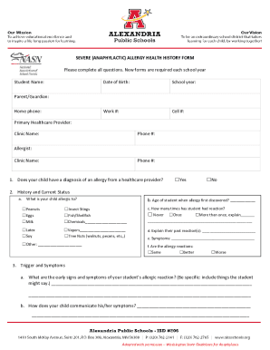 Fillable Online SEVERE (ANAPHYLACTIC) ALLERGY HEALTH HISTORY FORM Fax ...