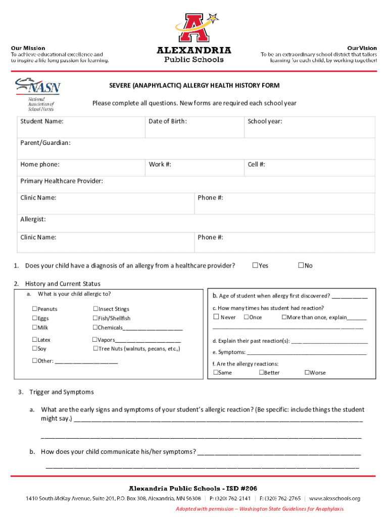 Fillable Online SEVERE (ANAPHYLACTIC) ALLERGY HEALTH HISTORY FORM Fax ...