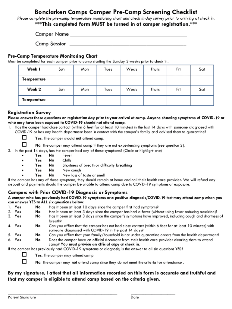 Fillable Online Bonclarken Camps Camper Pre-Camp Screening Checklist ...