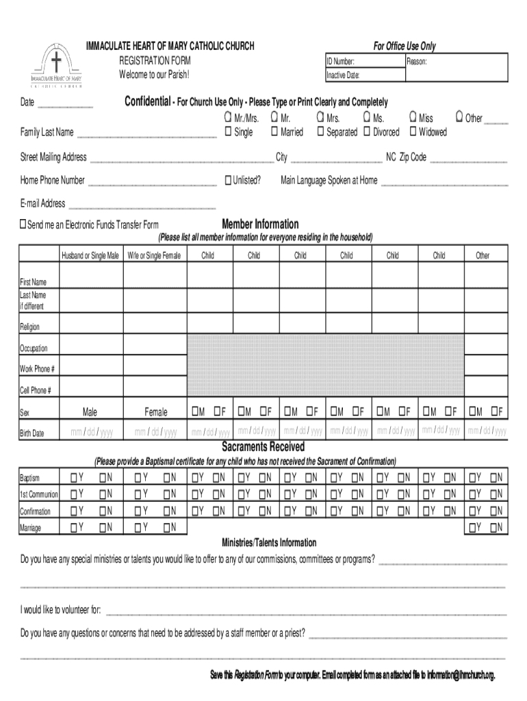 Fillable Online Parish Registration Form - Immaculate Heart of Mary ...