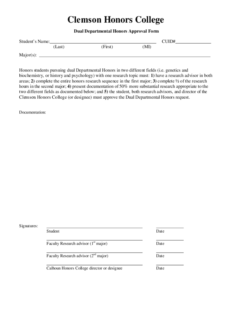 Fillable Online APPROVAL FORM: DEPARTMENTAL HONORS* Fax Email Print ...